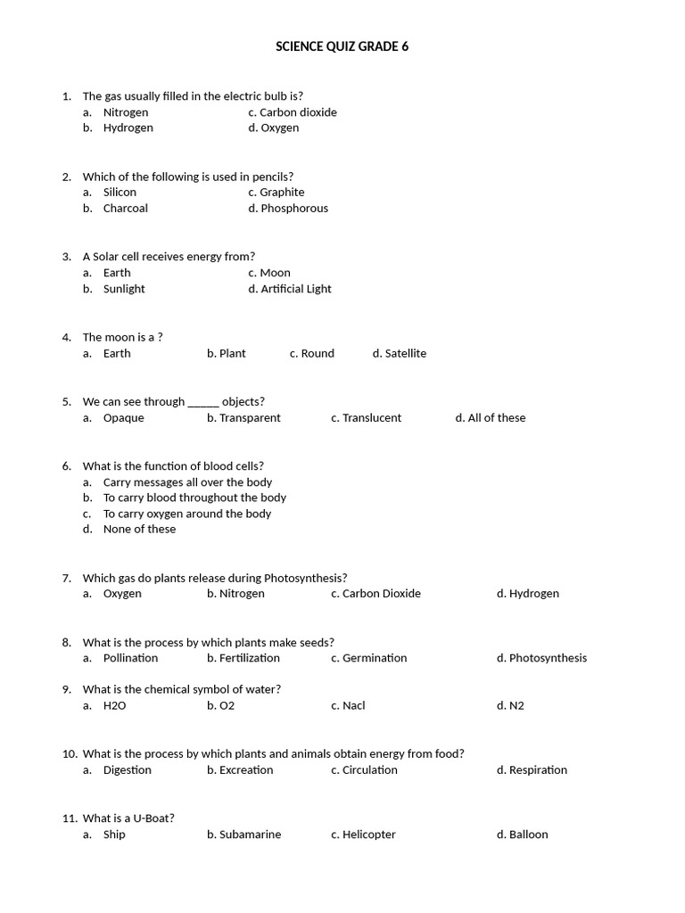 SCIENCE QUIZ GRADE 6 | PDF | Earth | Water