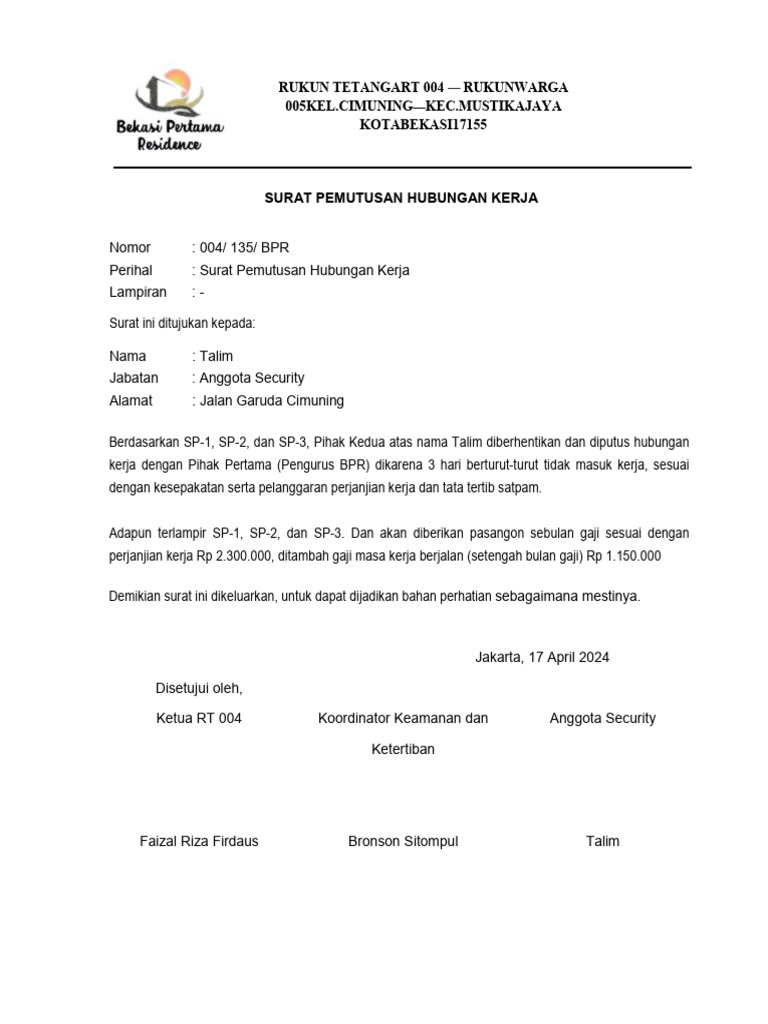 Surat Pemutusan Hubungan Kerja Talim Ver 0004 | PDF