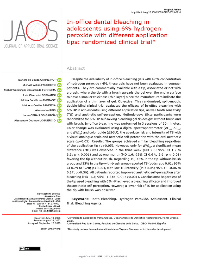 In-Office Dental Bleaching in Adolescents Using 6% Hydrogen Peroxide ...