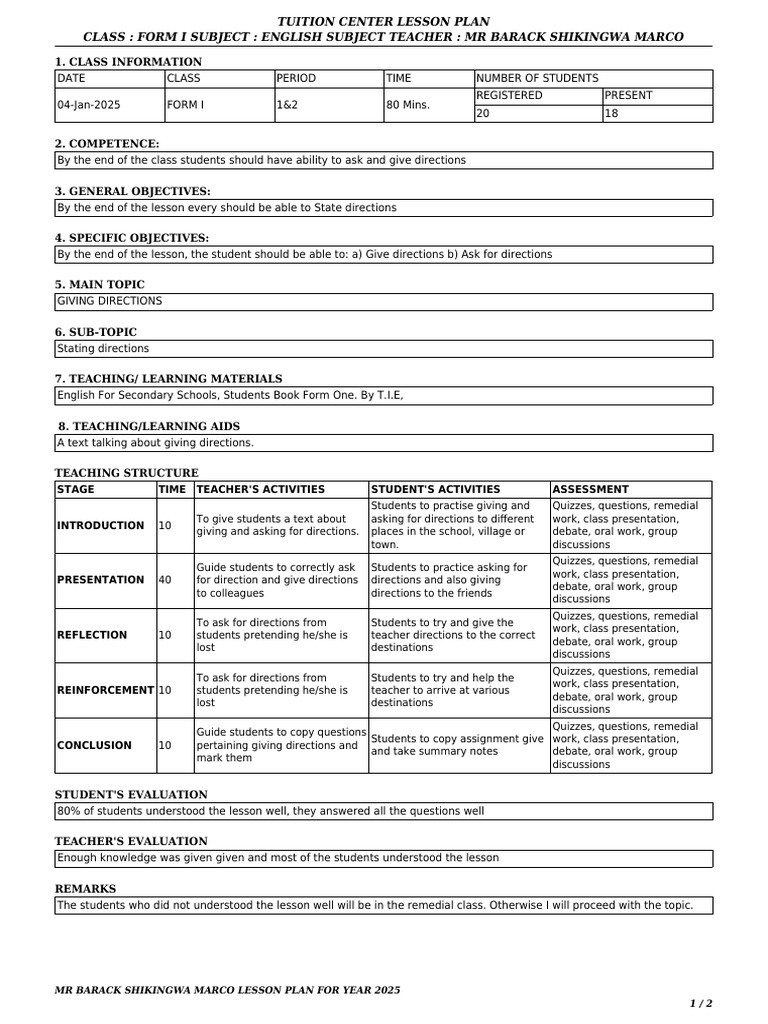 English Lesson Plan: Giving Directions | PDF | Lesson Plan | Teachers