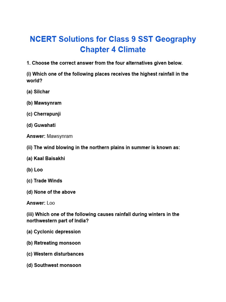 NCERT Class 9 SST Geography Climate Guide | PDF | Monsoon | Rain