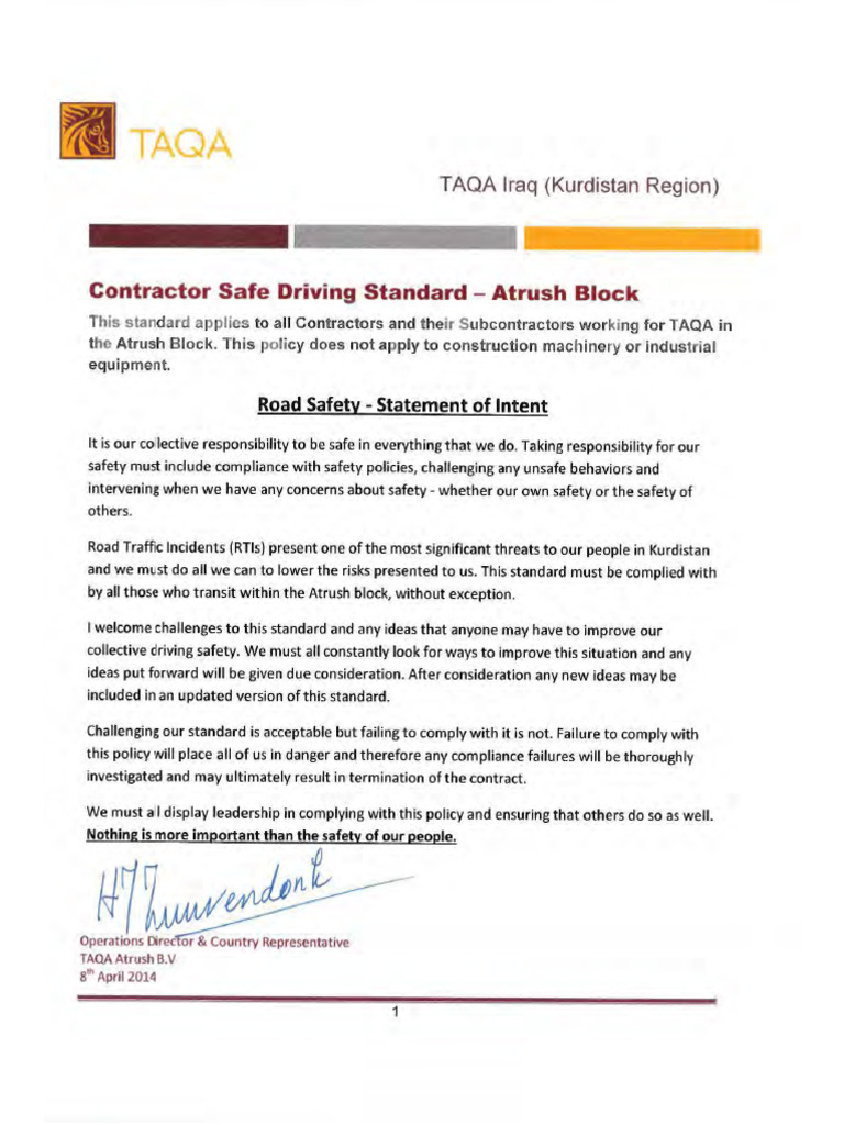 TAQA Safe Driving Standard | PDF