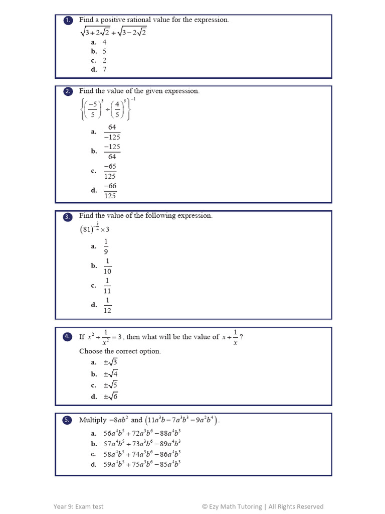 Year 9 Maths Test - Yearly Exam - Questions | PDF