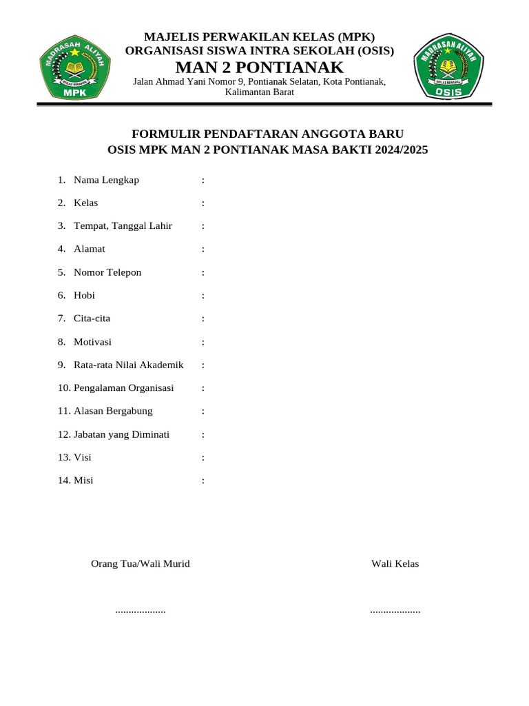 Formulir Pendaftaran OSIS 2024/2025 | PDF