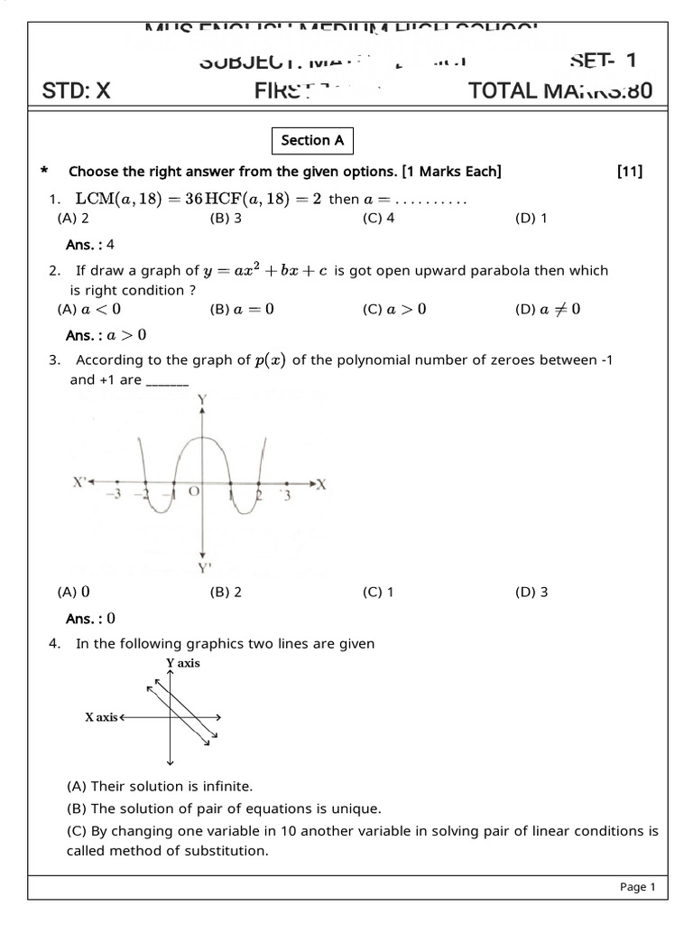 10th Maths Basic Set-1 Solution | PDF | Quadratic Equation | Factorization