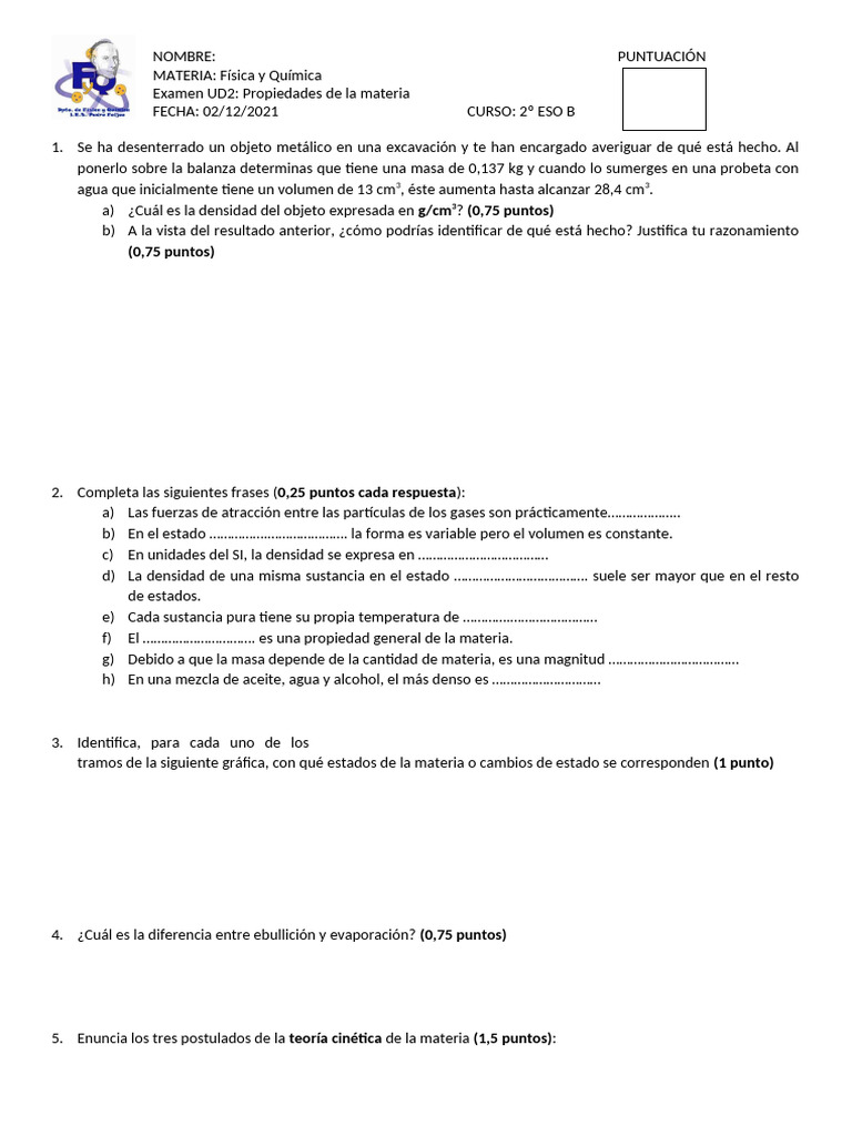 Prueba escrita Propiedades de la materia 23-24 | PDF | Densidad | Importar