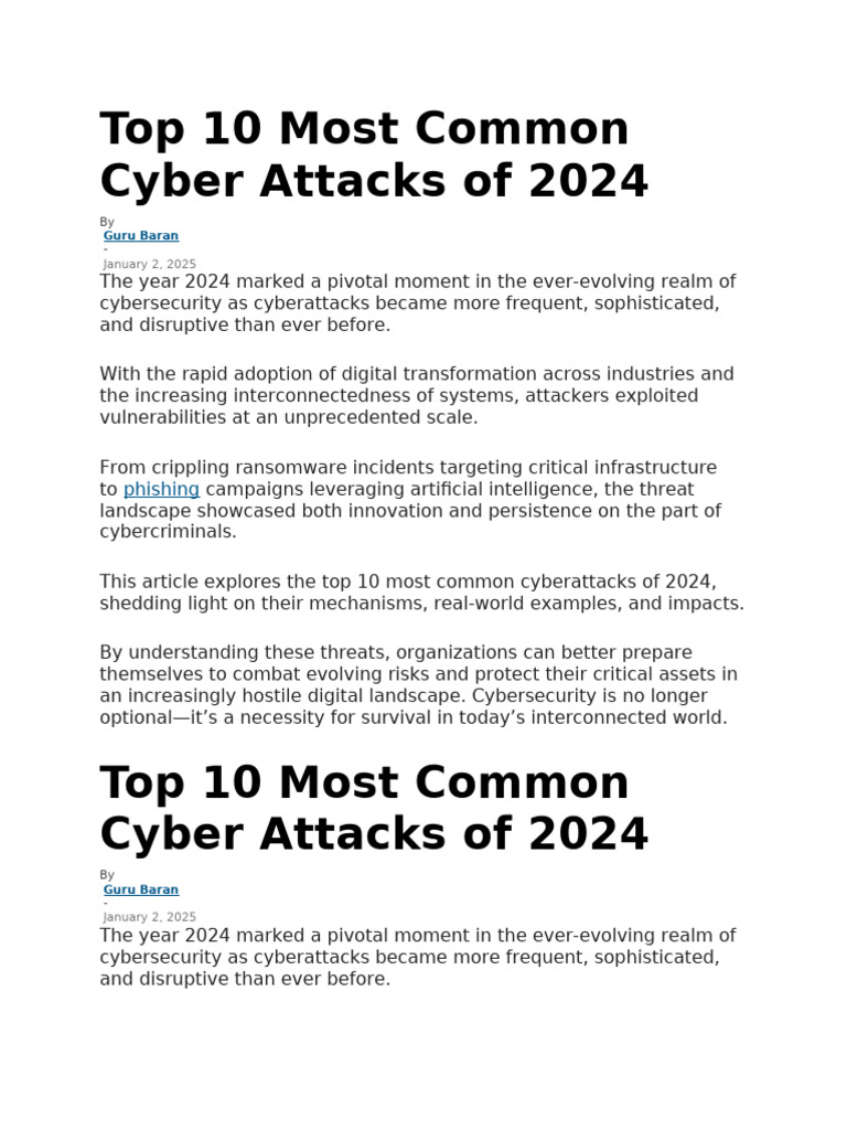Top 10 Most Common Cyber Attacks of 2024: Phishing | PDF