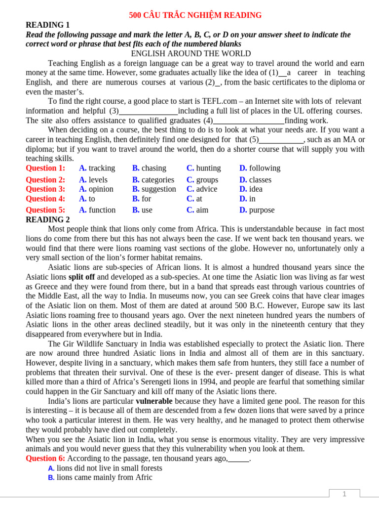 500 CÂU TRẮC NGHIỆM READING | PDF | Lion | Communication