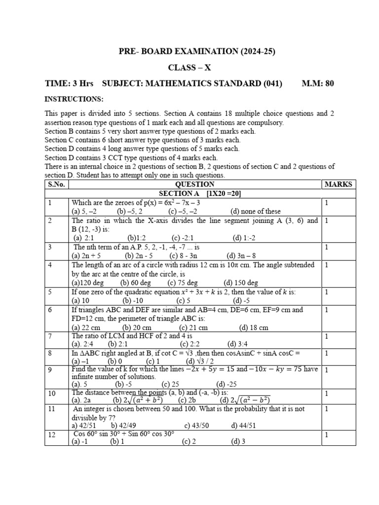 MATHS STAND. X_QP_PRE-BOARD SET I | PDF | Circle | Sphere