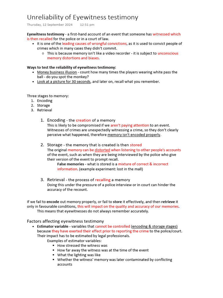 7 - Eyewitness Testimony | PDF | Memory | Witness