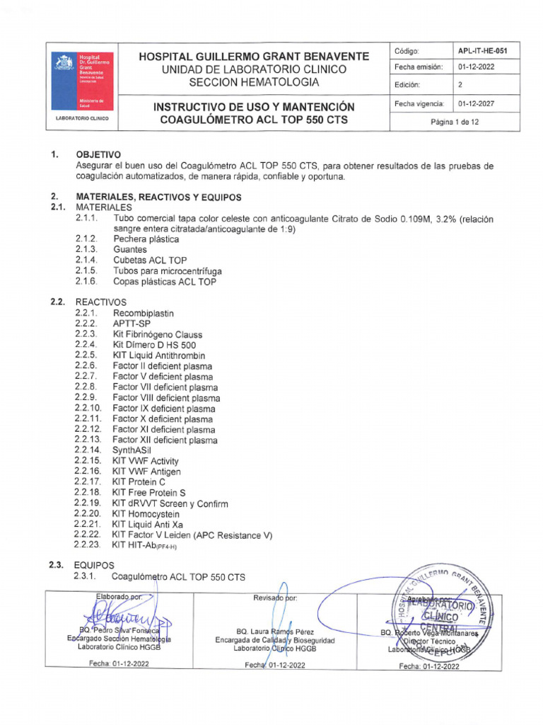 APL 1.3 INSTRUCTIVO DE USO Y MANTENCION COAGULOMETRO ACL TOP 550 CTS ...