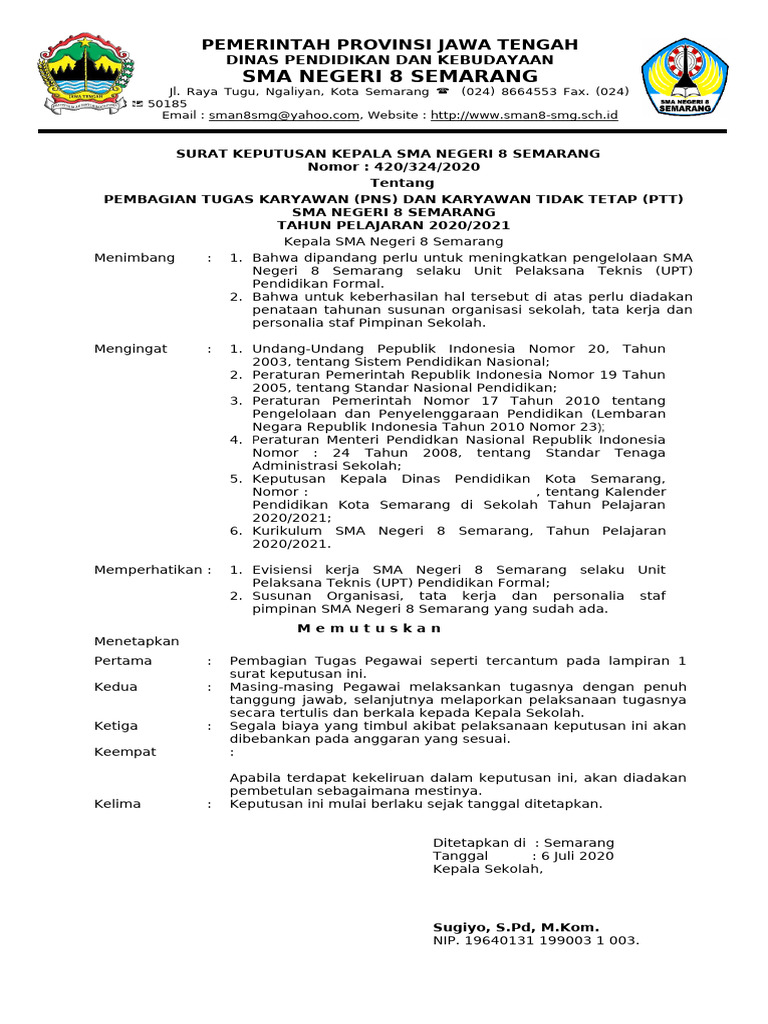 SK Pembagian Tugas Tu Sma Negeri 8 Semar | PDF