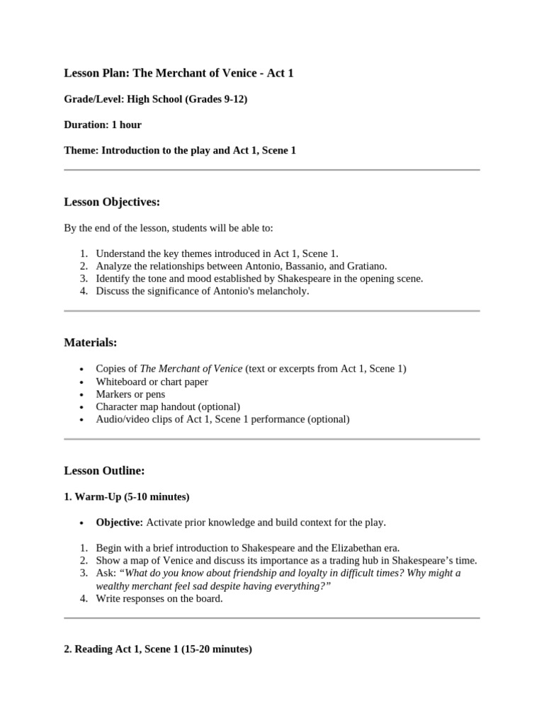Merchant of Venice Act 1 Lesson Plan | PDF | The Merchant Of Venice ...