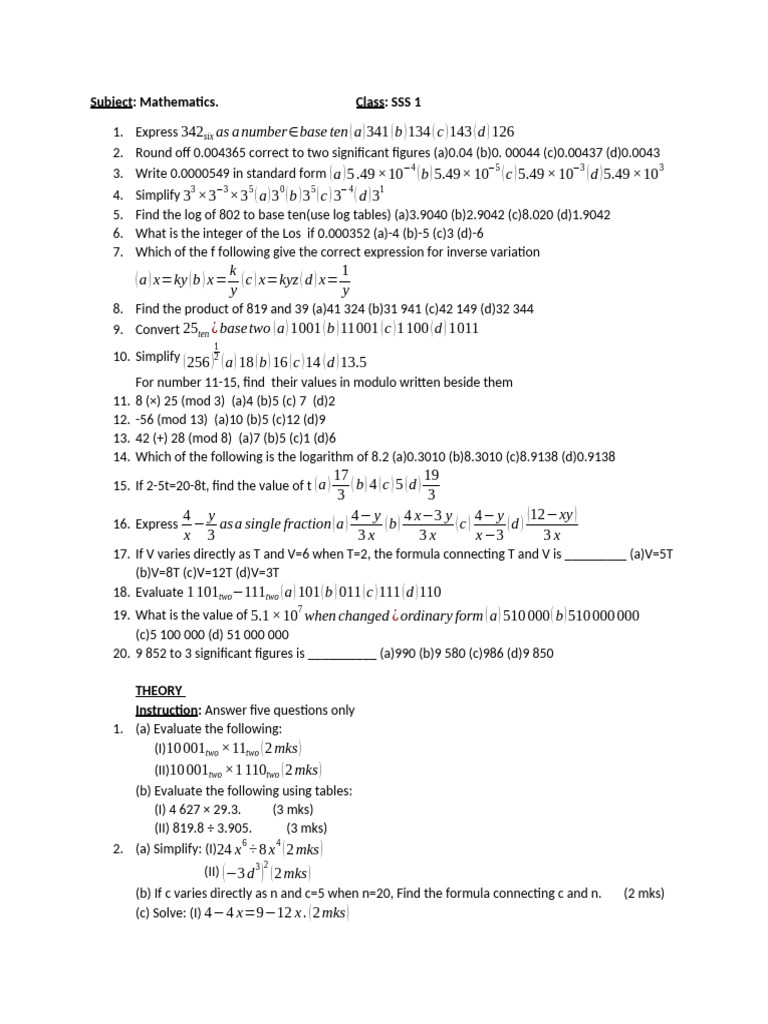Logarithm Exercises for SS1 Students | PDF | Logarithm | Decimal