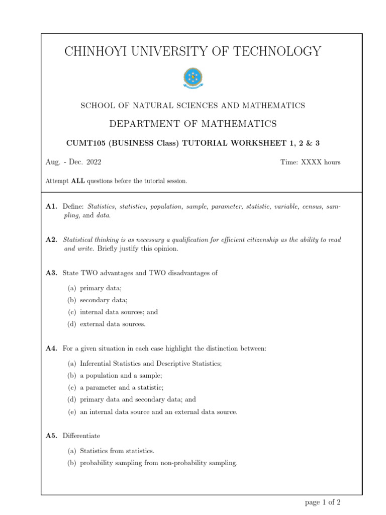 CUMT105 Tutorial Worksheet 1 | PDF | Sampling (Statistics) | Statistics