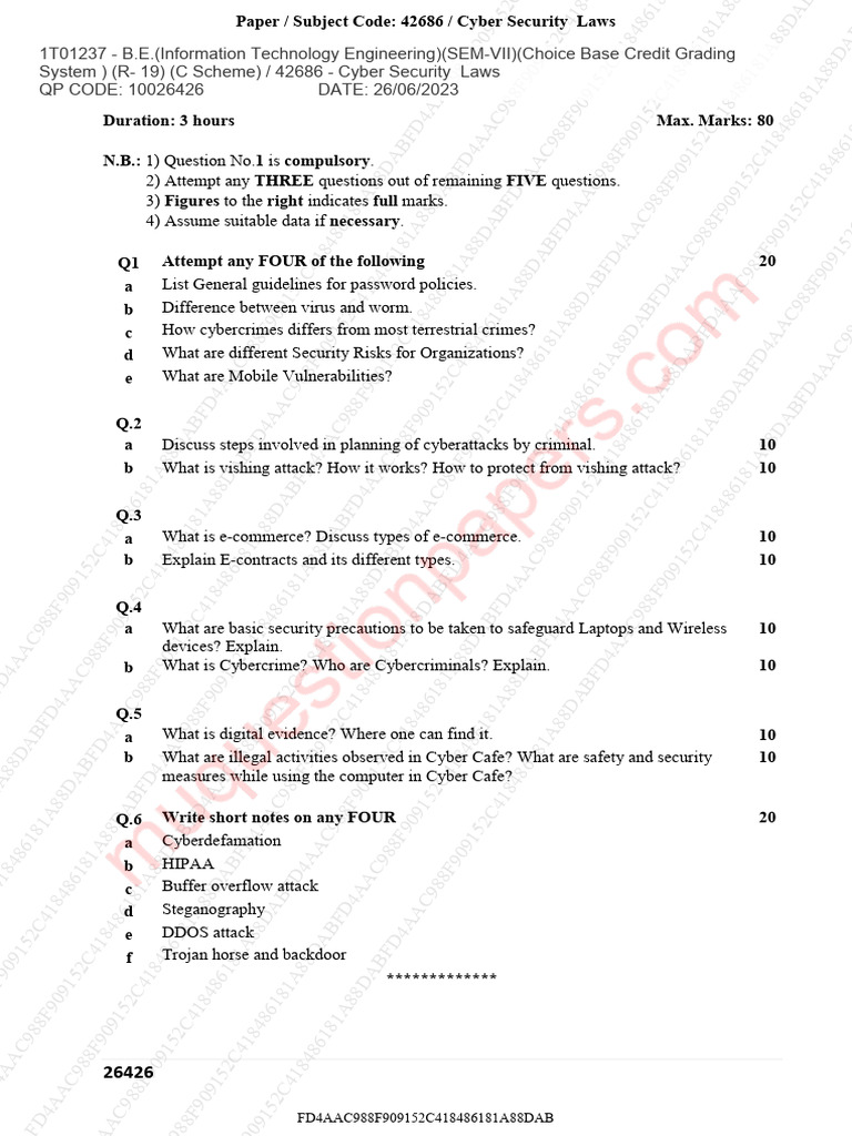 Be Information Technology Semester 7 2023 May Iloc I Cyber Security and Laws Rev 2019 C Scheme ...