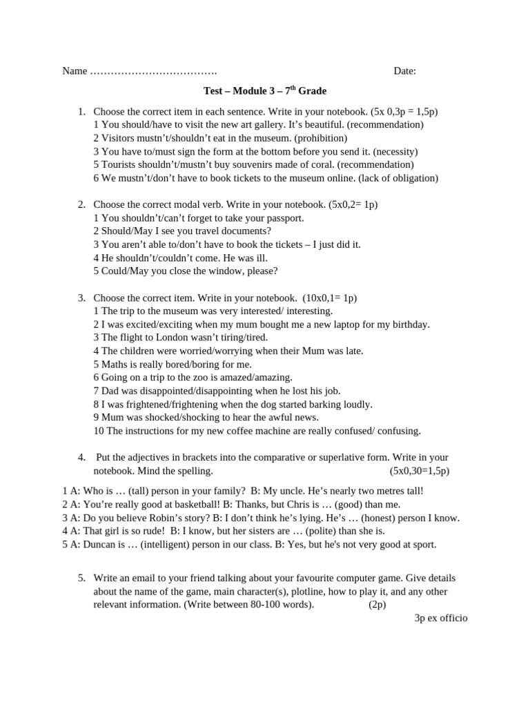 7th Grade - Module III Test | PDF