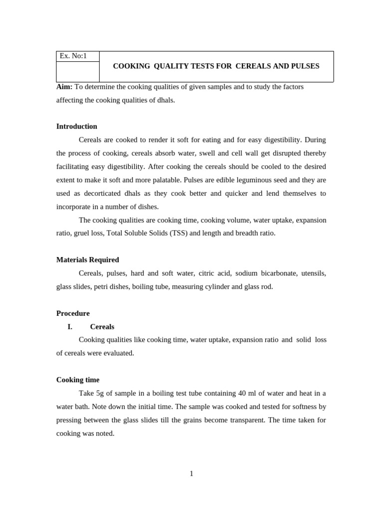 Cooking Quality Tests for Cereals & Pulses | PDF | Water | Food Energy