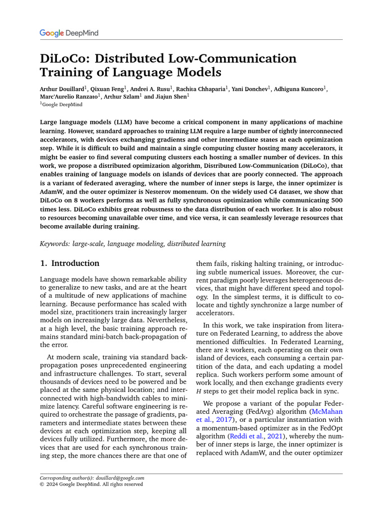 Douillard 等 - 2024 - DiLoCo Distributed Low-Communication Training of ...