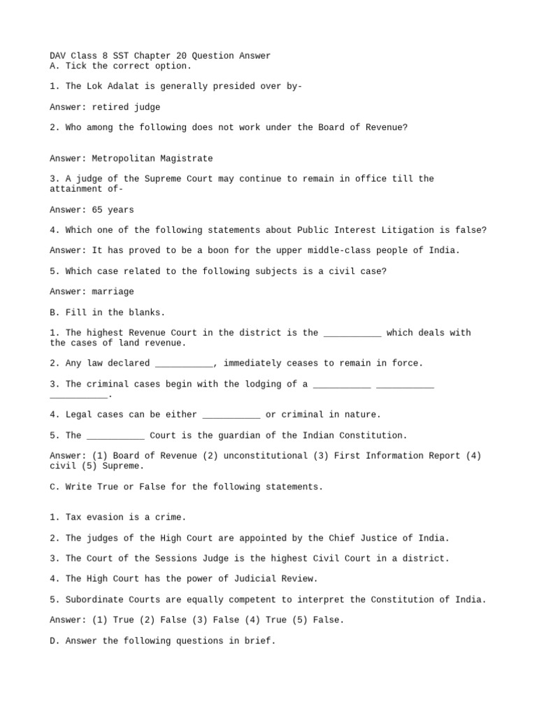 DAV Class 8 SST Chapter 20 Question | PDF | Judge | Supreme Courts