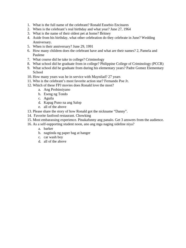 Trivia Game For Ronald | PDF