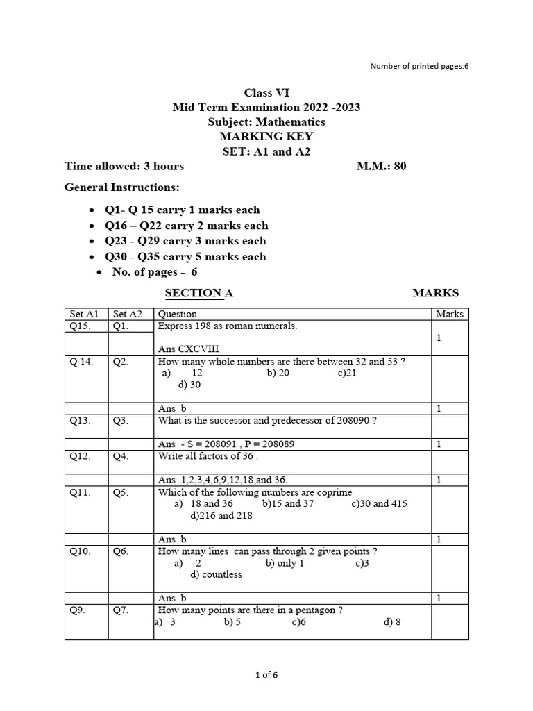 Class Vi Math Mid Term Exam Key Pdf Numbers Prime Number