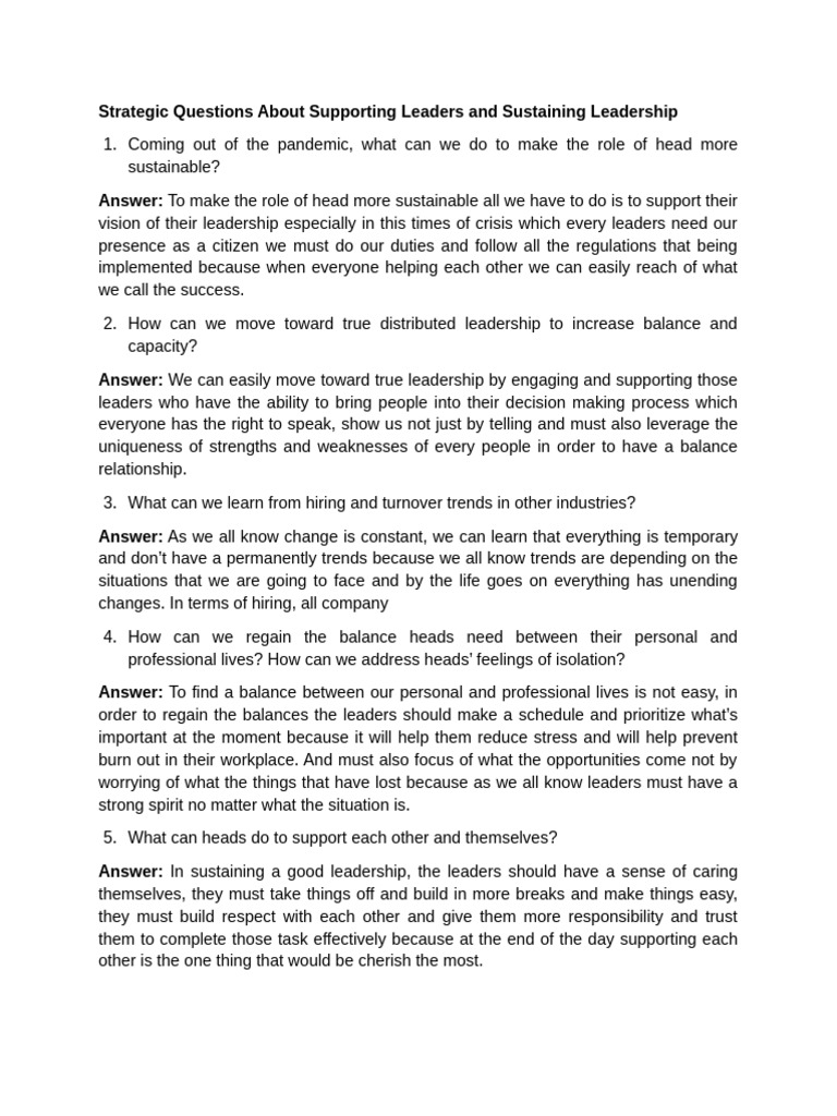 Strategic Questions About Supporting Leaders and Sustaining Leadership ...