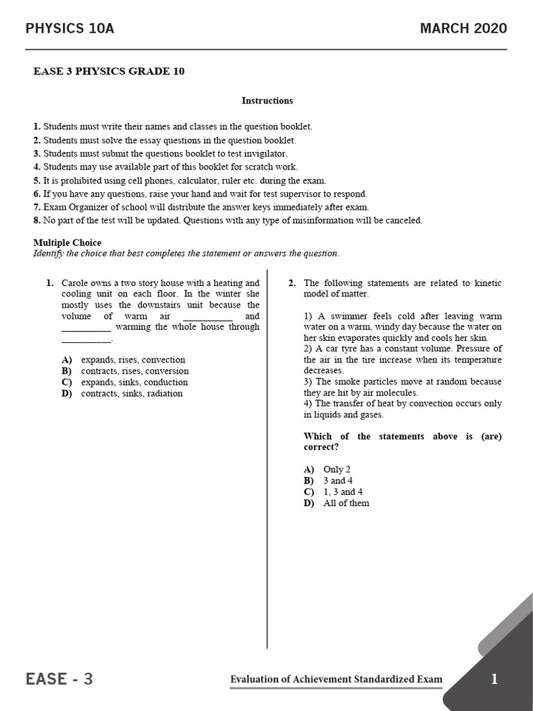 2019-2020 EASE 3 Physics Grade 10 | PDF | Gases | Heat