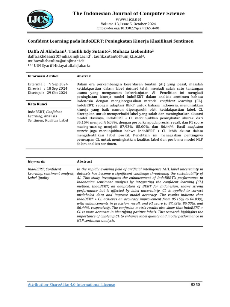 Confident Learning Pada IndoBERT Peningkatan Kinerja Klasifikasi Sentimen | PDF