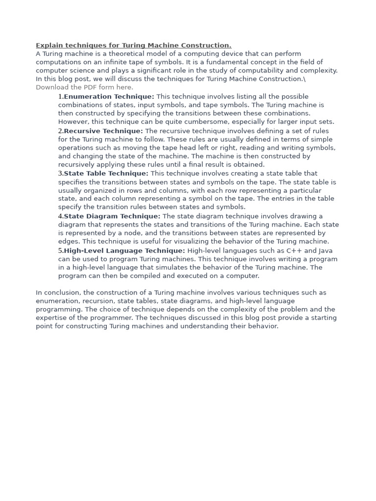 Techniques For Turing Machine Construction | PDF | Computing | Computer ...