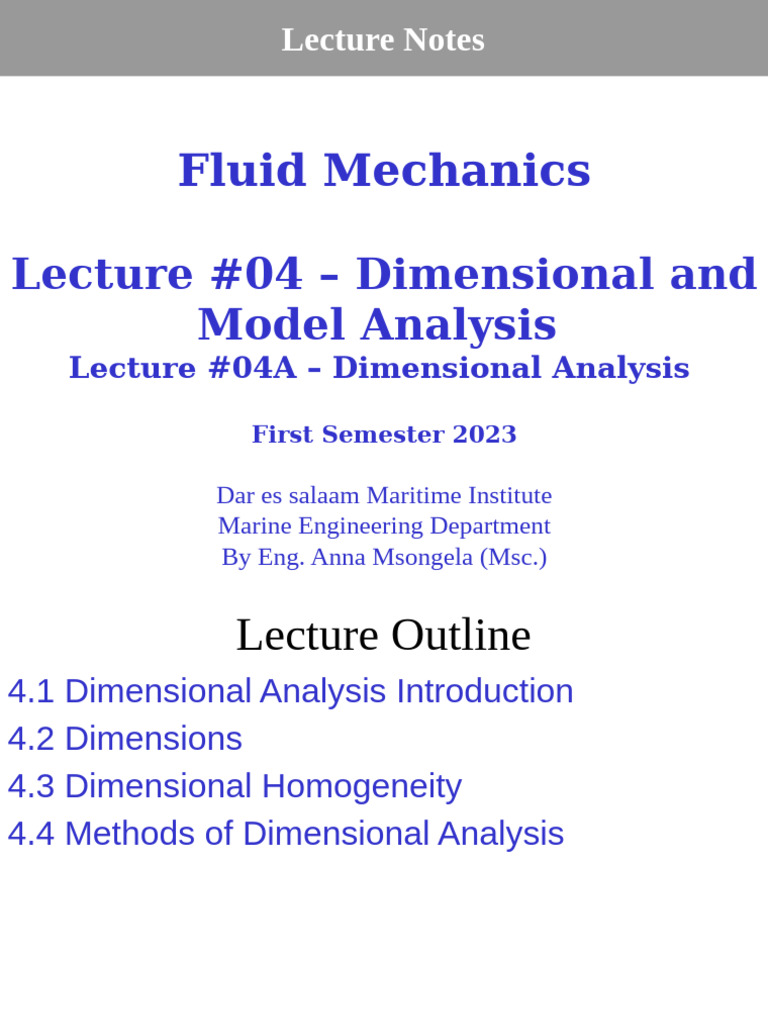 Lecture 4A - Dimensional and Model analysis | PDF | Equations | Physics