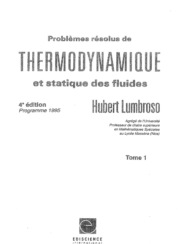 Problemes Resolus de Thermodynamique Et Statistique Des Fluides - Tome 1 - Lumbroso (BIBLIO ...