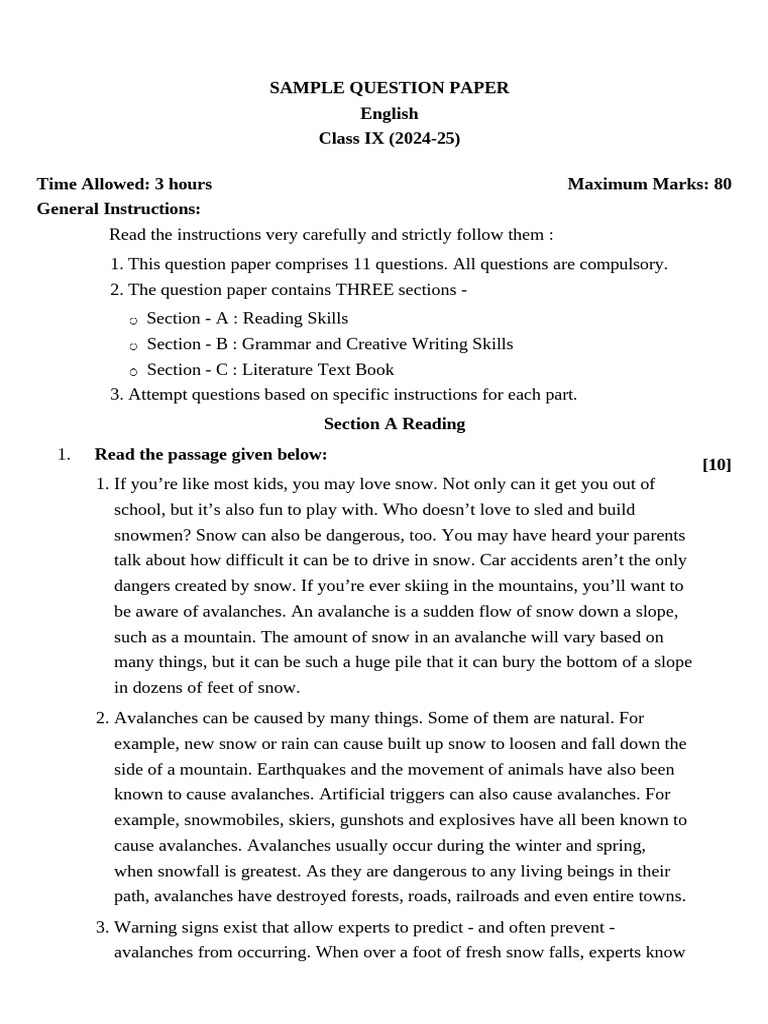 IX- Sample Question Paper (1) | PDF | Snow