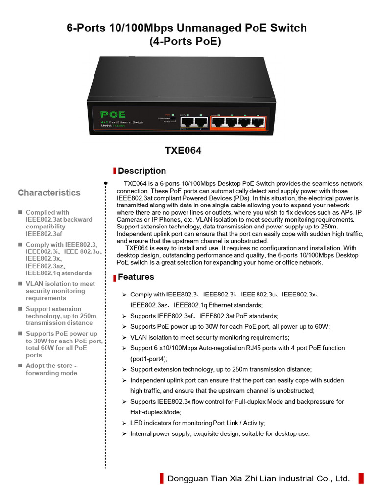 6-Ports 10-100Mbps Unmanaged PoE Switch(4-Ports PoE)(TXE064) [兼容模式] | PDF | Network Switch ...
