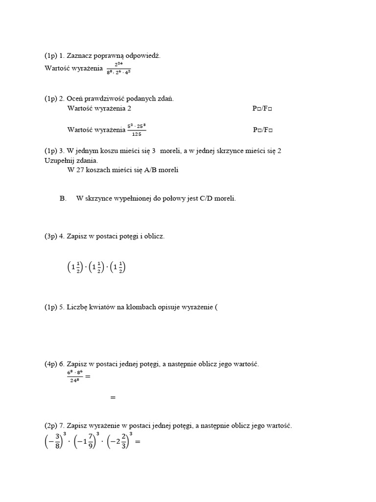 GR A Sprawdzian Matematyka Klasa 7 Dział Potęgi (Eduranga) | PDF