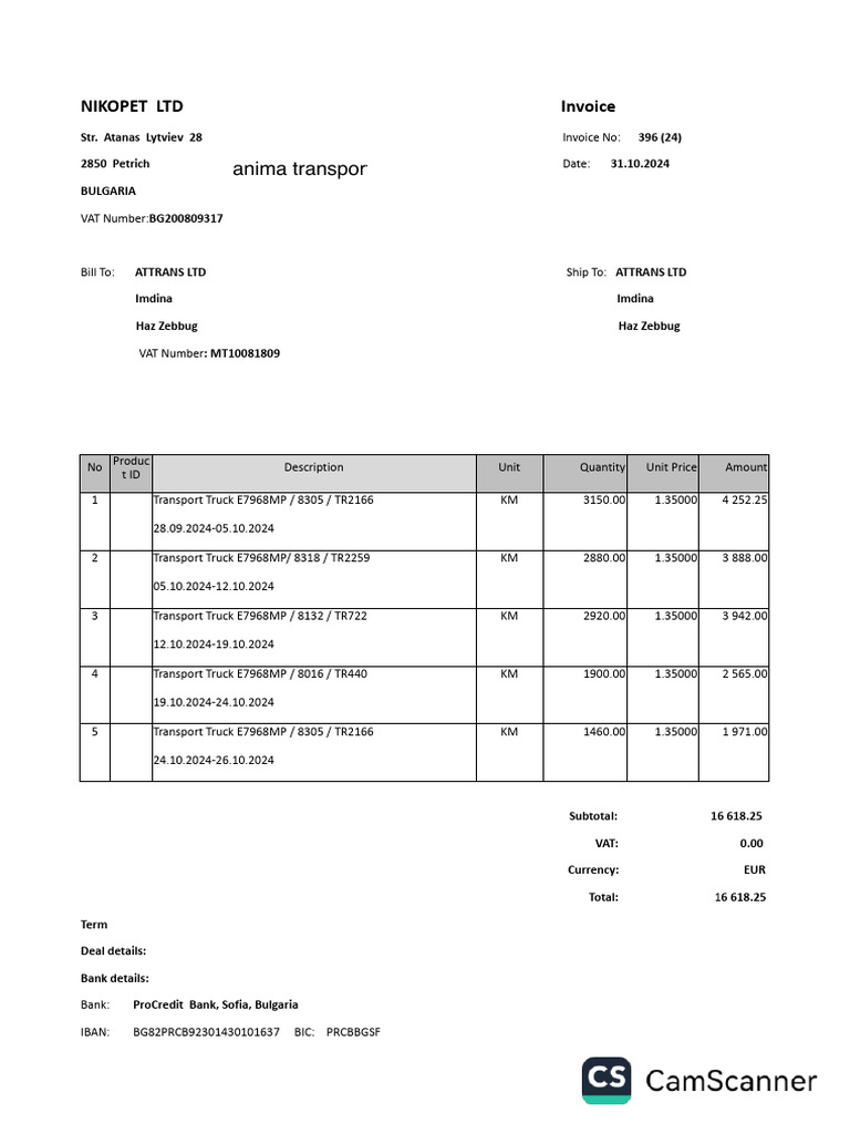 Transport Invoice for ATTRANS LTD | PDF