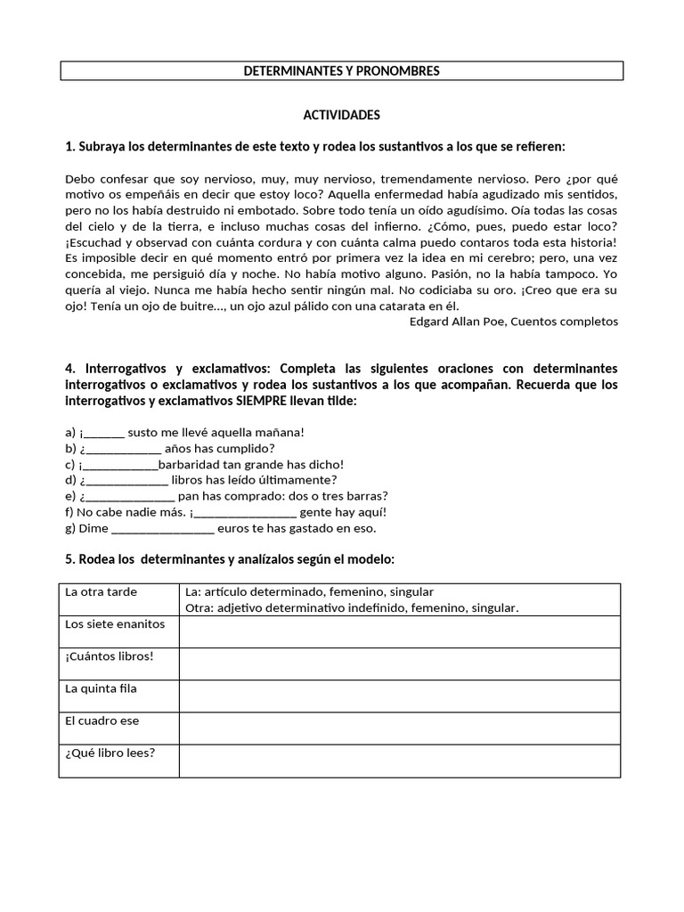 Actividades Determinantes y Pronombres | PDF