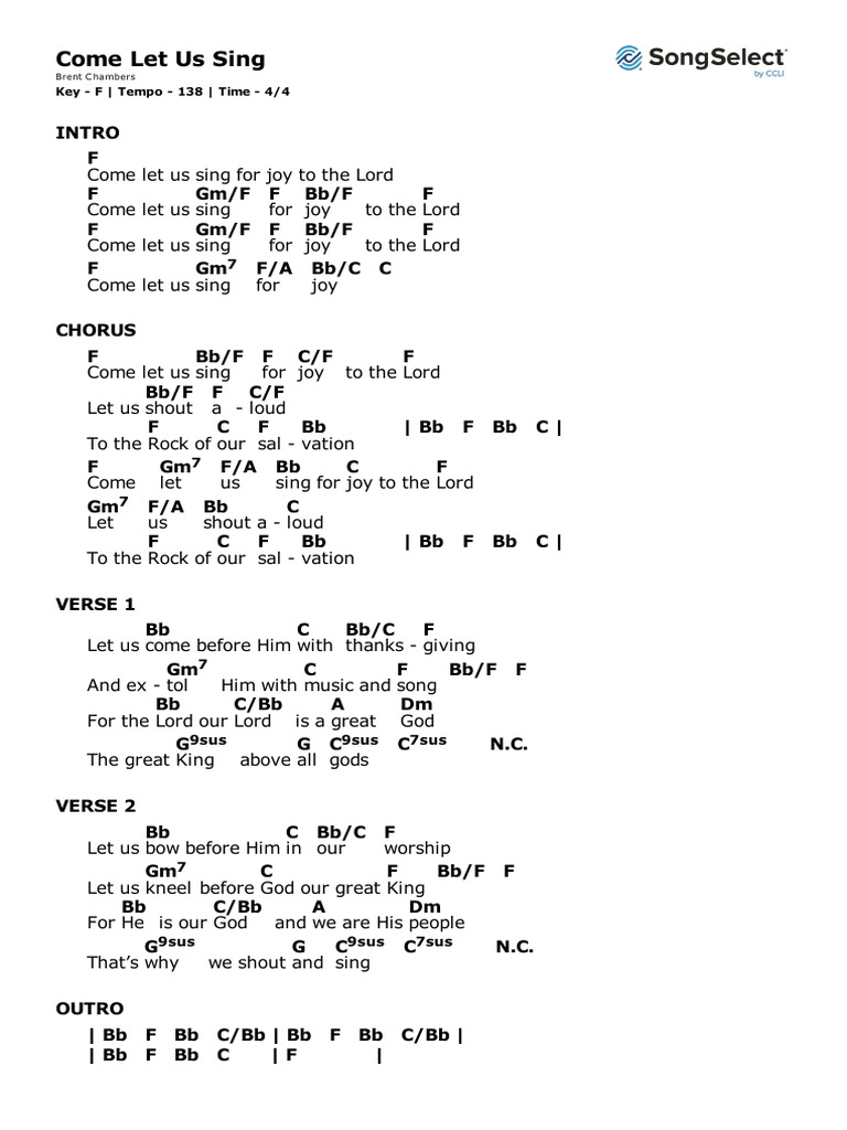 Come Let Us Sing - (Brent Chambers) - Key of F Chords | PDF