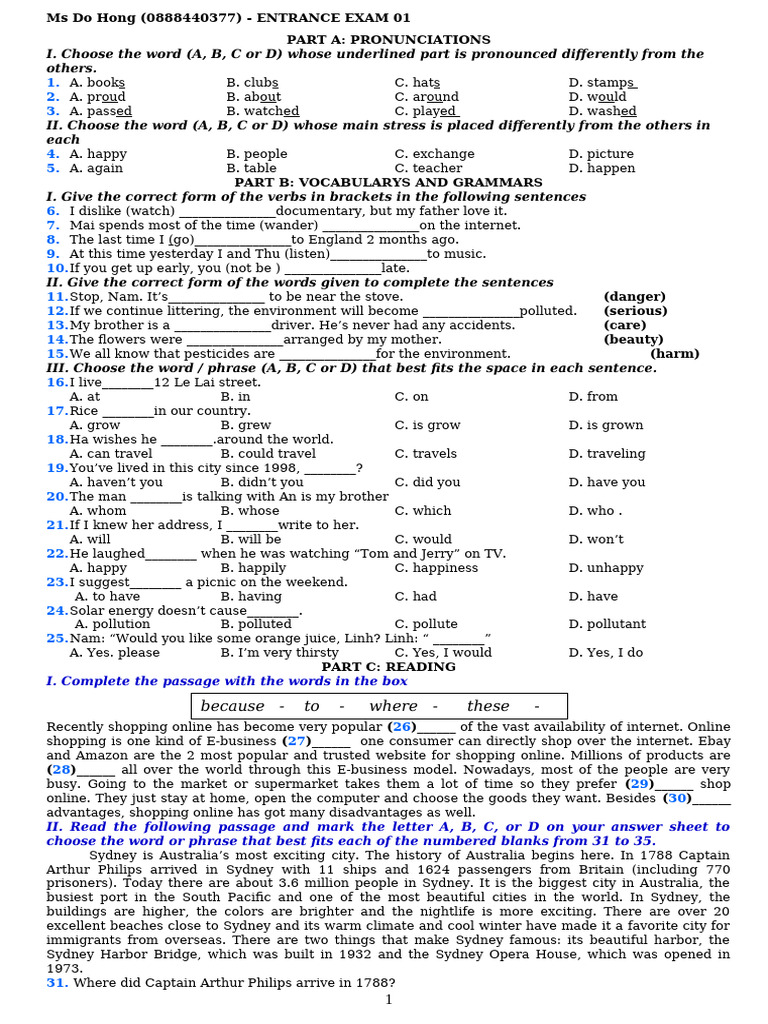Entrance Exam 01 | PDF | Sydney