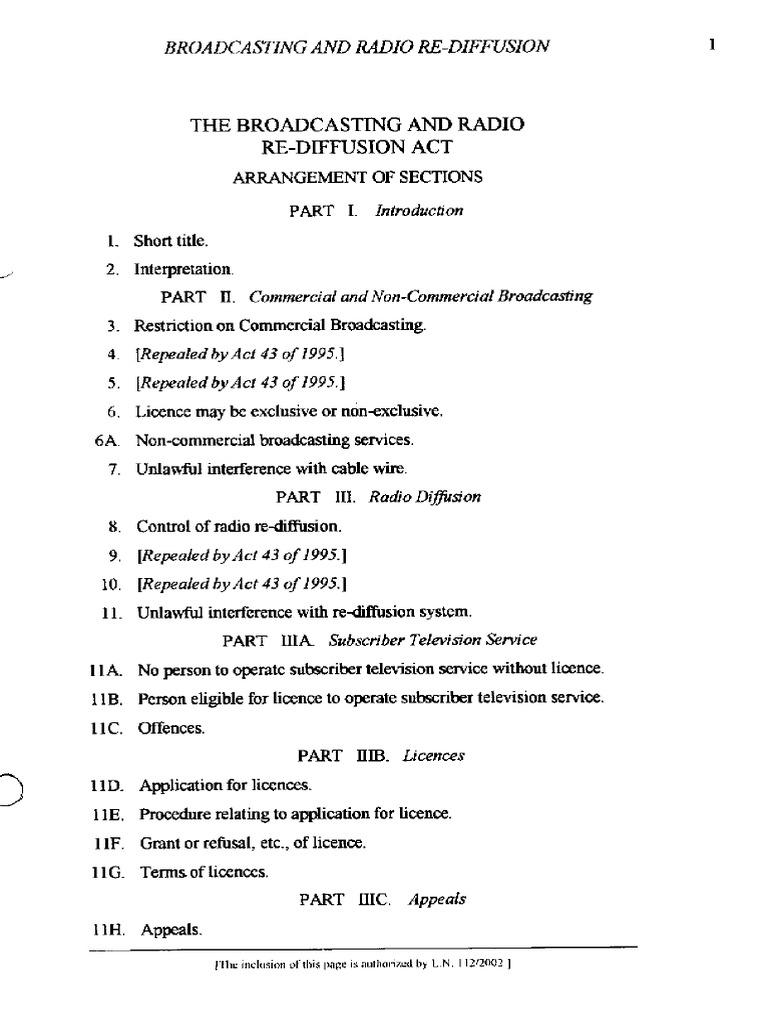 Broadcasting and Radio Re-Diffusion Act | PDF | License | Broadcasting