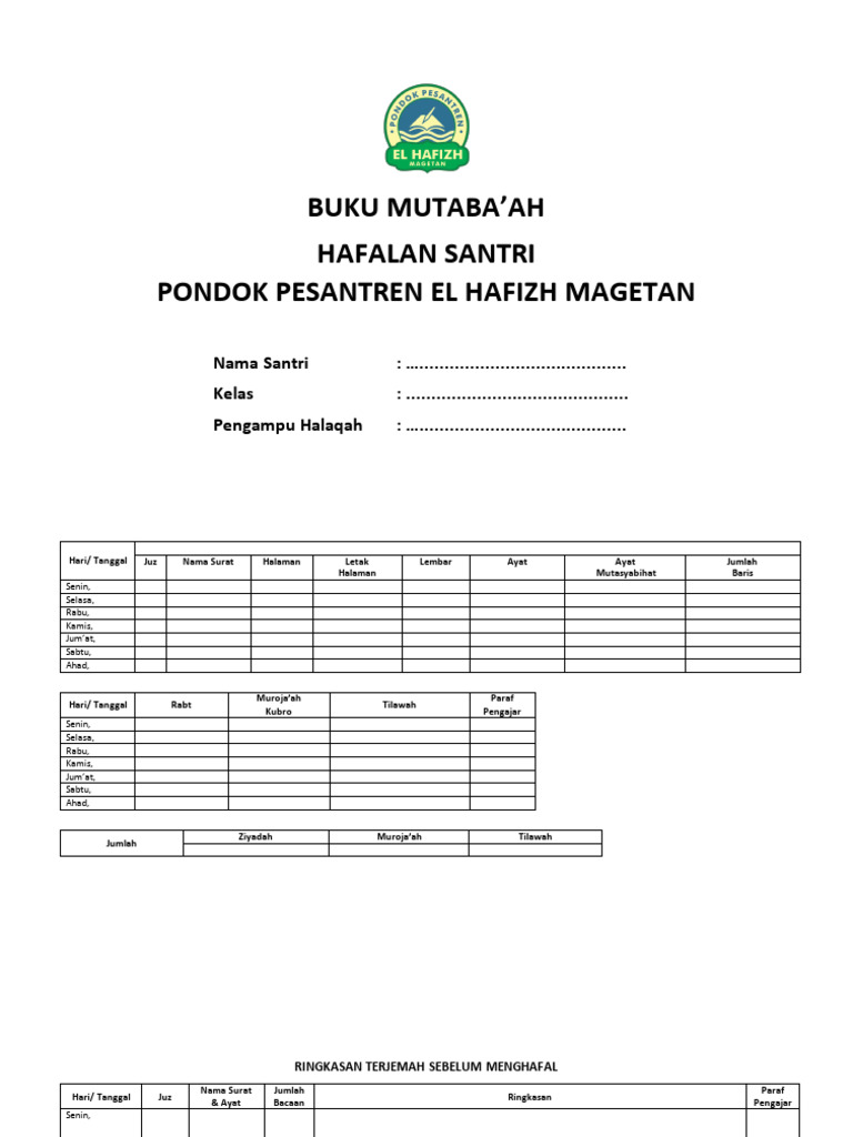 Buku Mutaba'ah Hafalan Santri | PDF