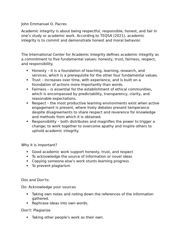 academic integrity | PDF | Academic Integrity | Integrity