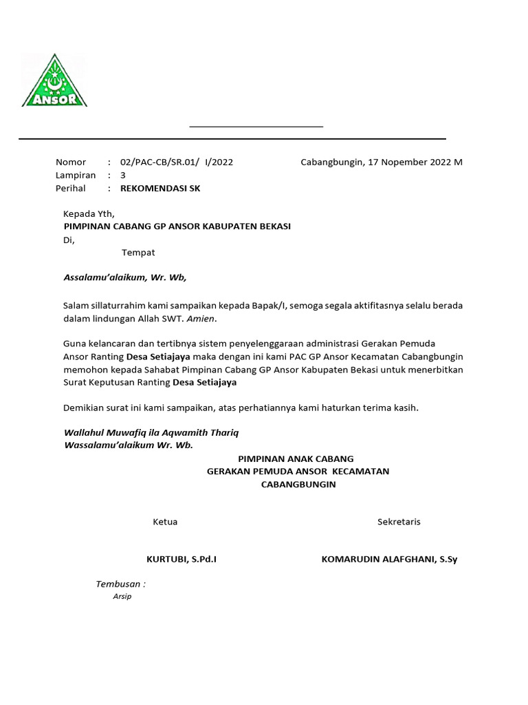 Pengajuan SK Ranting Ansor Setiajaya | PDF