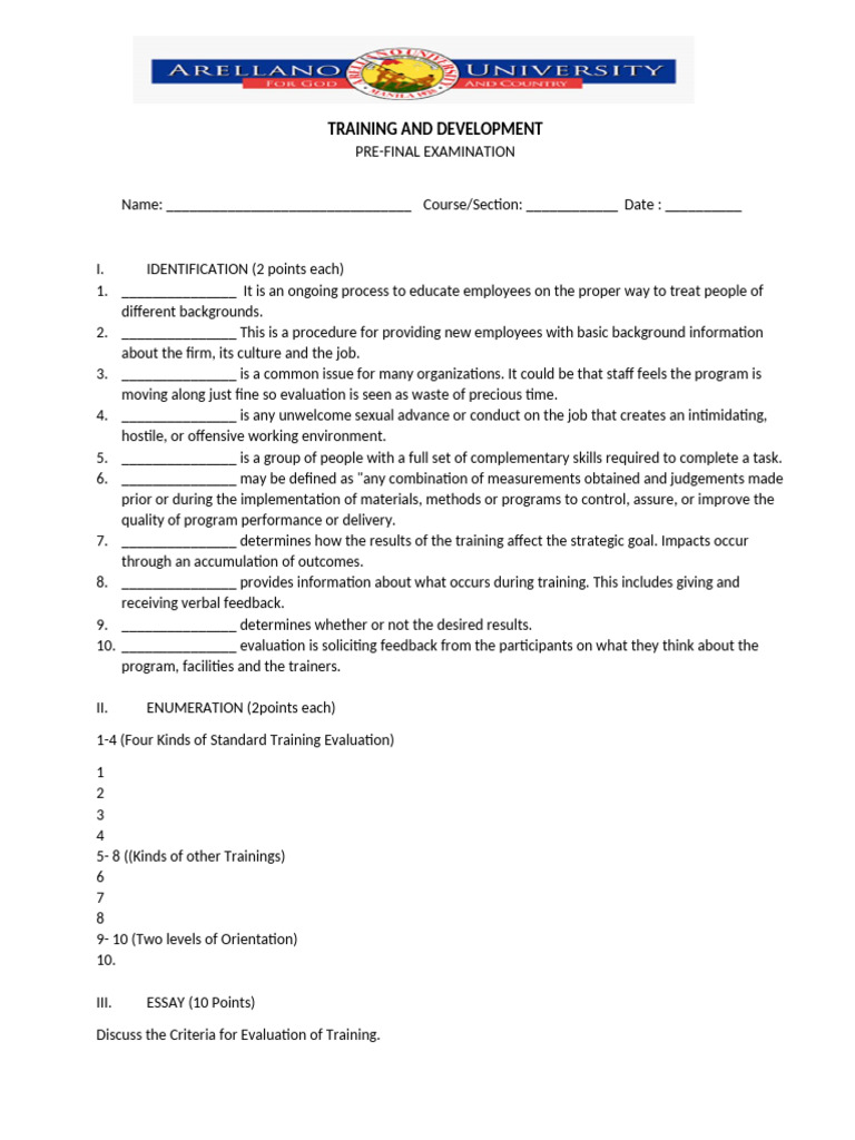 PRE-FINAL_ EXAM- TRAINING DEVT | PDF