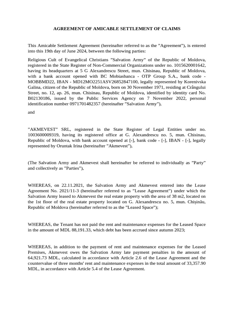 AGREEMENT of AMICABLE SETTLEMENT | PDF | Lease | Renting