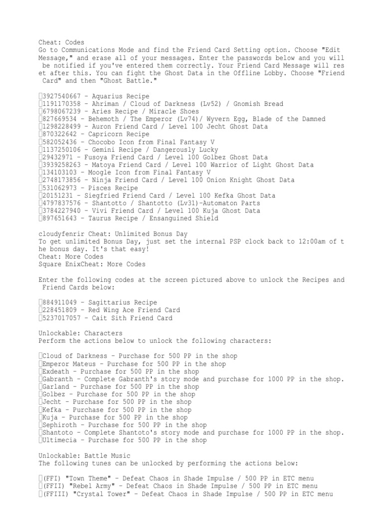 Codes | PDF | Square Enix Franchises | Final Fantasy