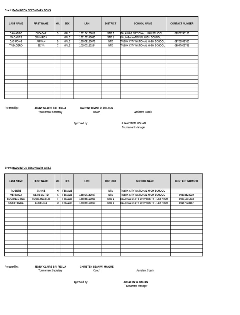 Badminton Tournament Registration Form | PDF