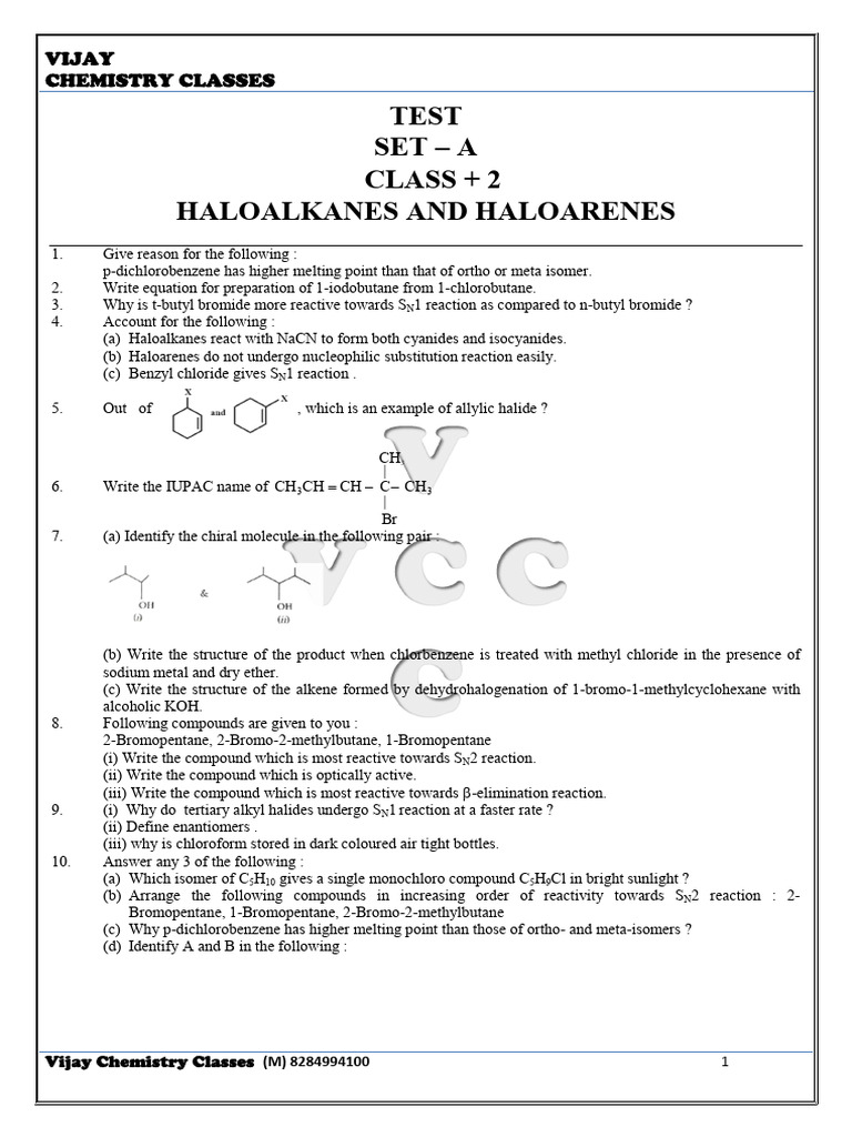 SET - A Test +2 Haloalkanes and Haloarenes | PDF | Organic Chemistry ...