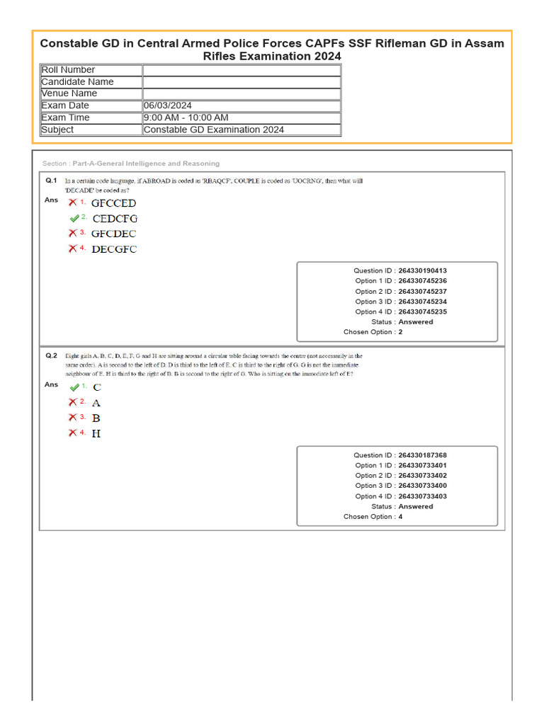 SSC GD Question Paper 2024 PDF in English 06-03-24 | PDF | Schools | Tests