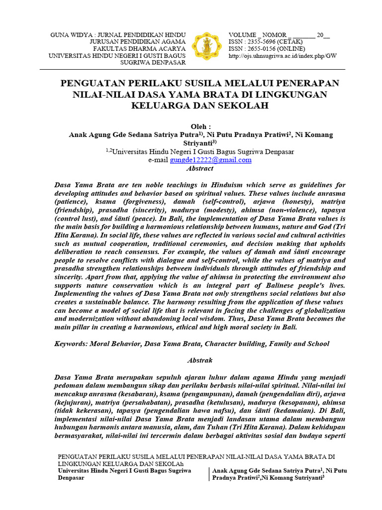 Artikel Jurnal PENGUATAN PERILAKU SUSILA MELALUI PENERAPAN NILAI-NILAI ...